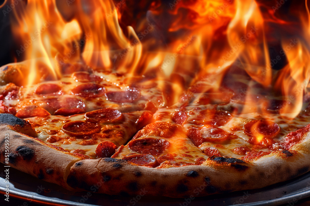 pizza on the fire, Hot, fresh traditional Italian pizza engulfed in ...