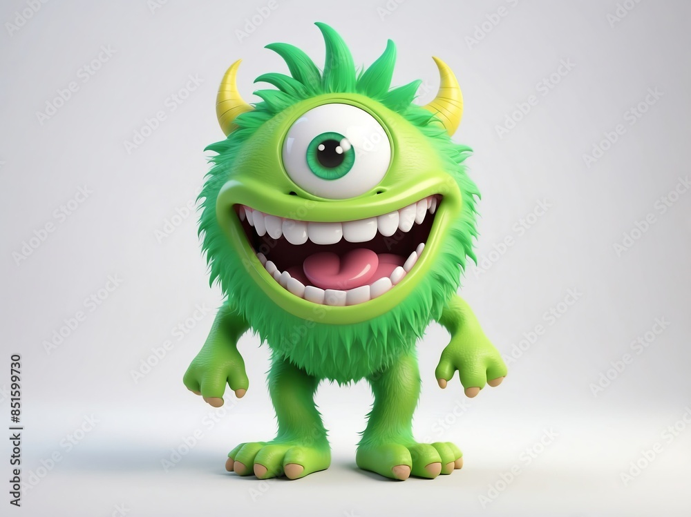 smiling green monster cute d art illustration in plain white background ...