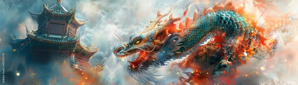 Majestic Chinese Dragon Guarding Ancient Temple Spire with Sacred Texts ...