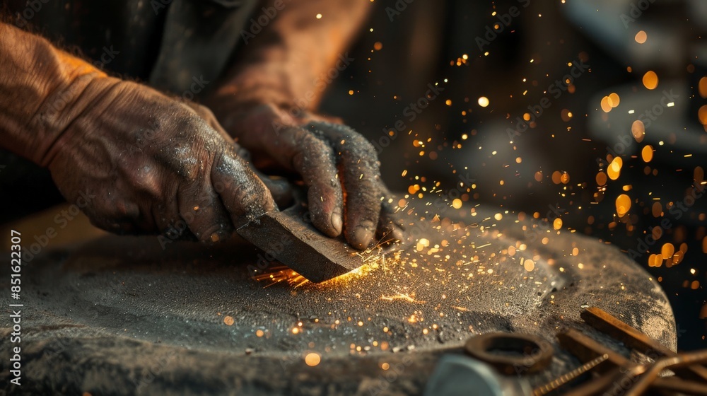 Close-up of a blacksmith's hands sharpening a tool on a grinding wheel ...