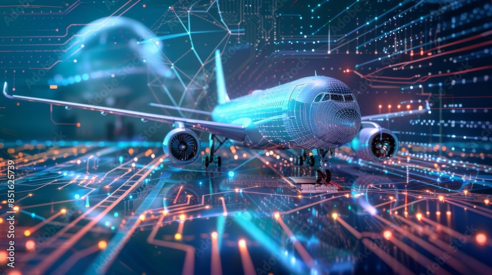 Concept of digital twins in aviation technology, graphic of a microchip ...