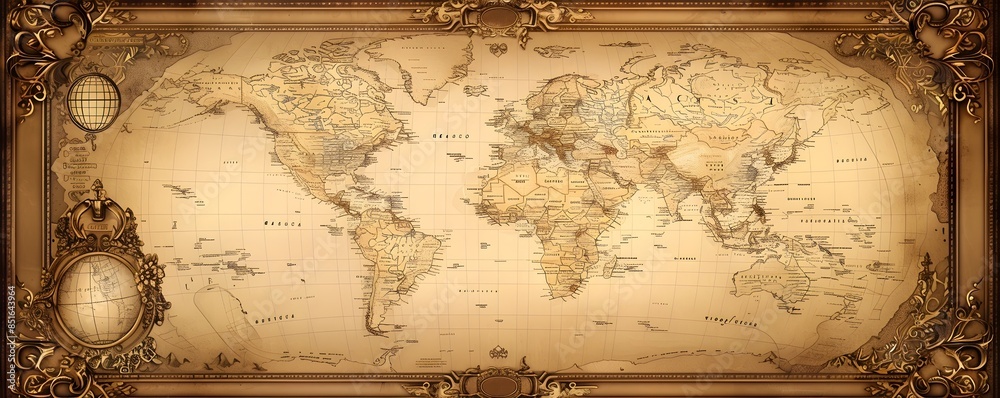 Vintage World Map With Ornate Gold Leaf Border Luxury Sepia Tone ...