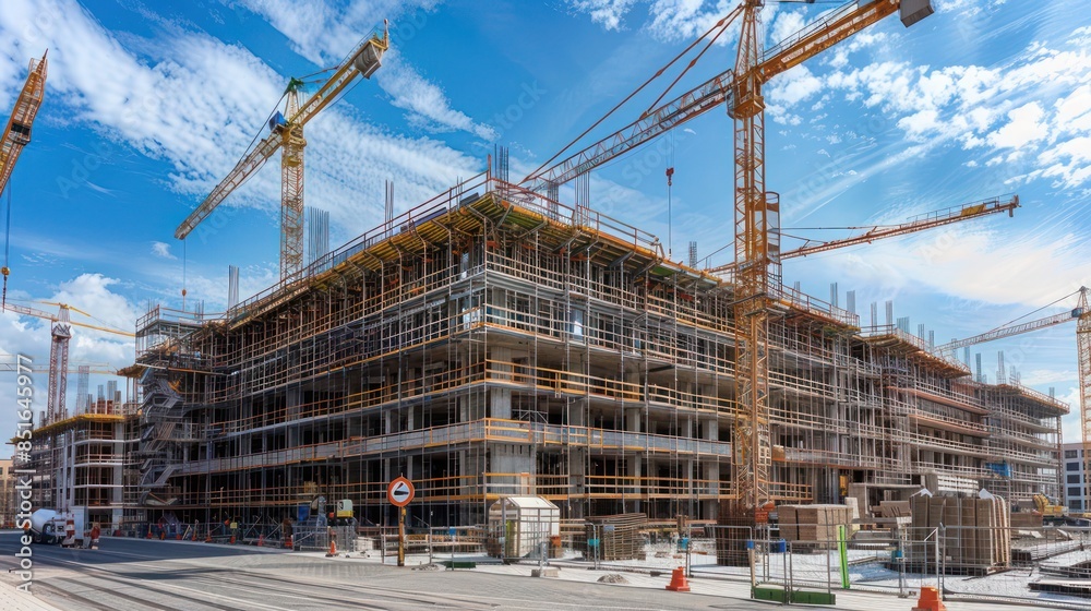 wide-angle view of a large commercial building under construction with ...
