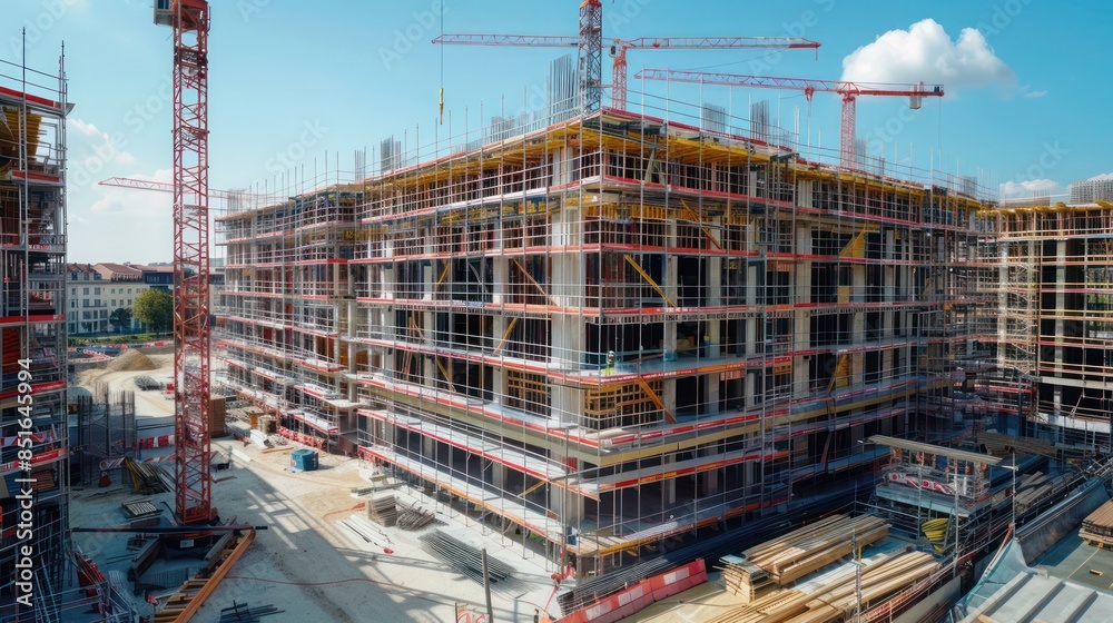 wide-angle view of a large commercial building under construction with ...