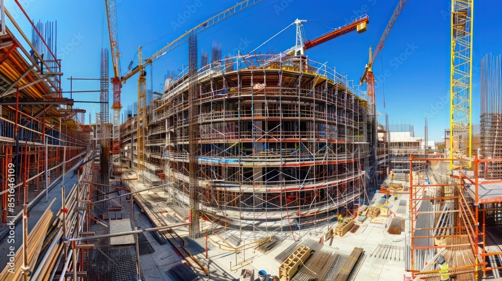 wide-angle view of a large commercial building under construction with ...