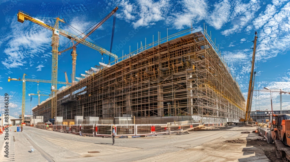wide-angle view of a large commercial building under construction with ...