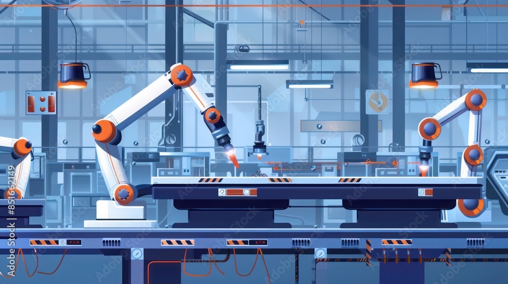 Technical schematics of an advanced robotics manufacturing plant with ...