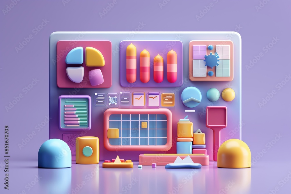 3D rendering of an icon, Educational dashboard with colorful icons and ...