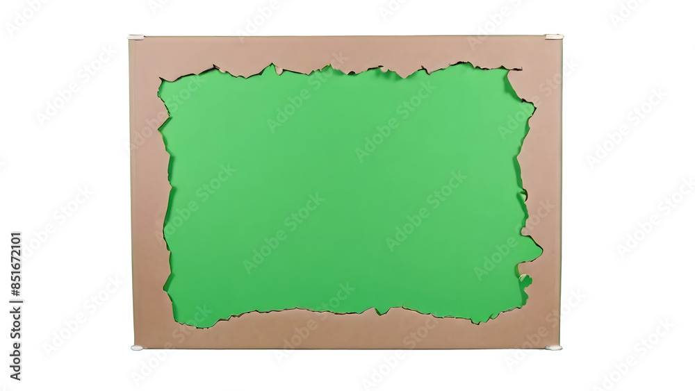 Cardboard frame with torn edges and green screen for chroma key on ...