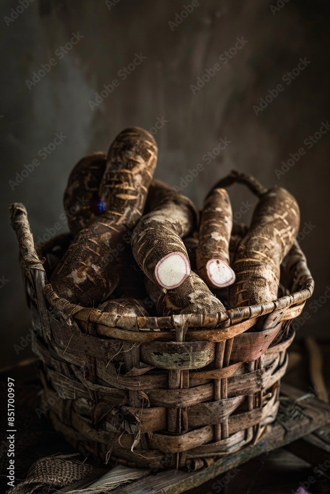 An image depicting cassava roots in a basket, with a focus on their ...
