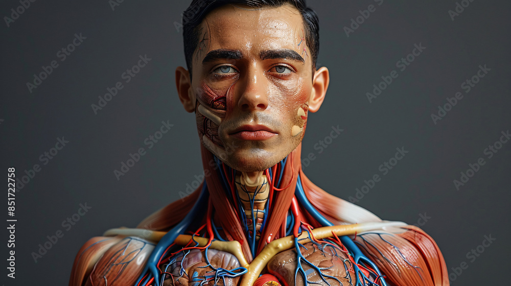 Anatomical diagram of a man's chest, highlighting the heart and ...
