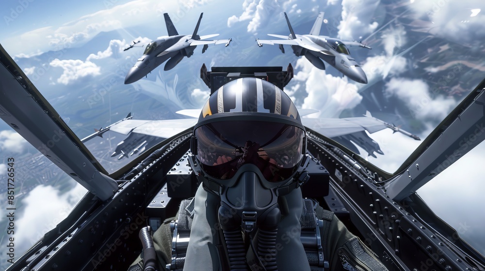High-altitude view from inside a fighter jet cockpit showing a ...