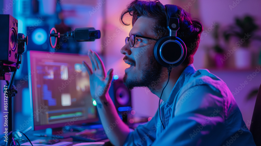 A young guy with headphones on, animatedly speaking into his webcam, a ...