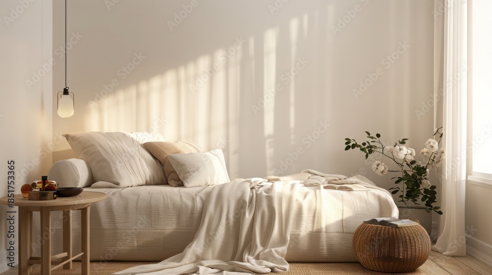 Scandinavian-style guest room with a daybed covered in light linens ...
