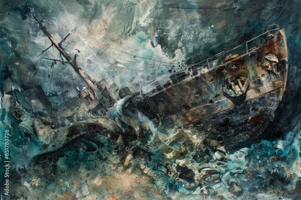 A painting depicting a dramatic shipwreck at sea with a monstrous sea ...
