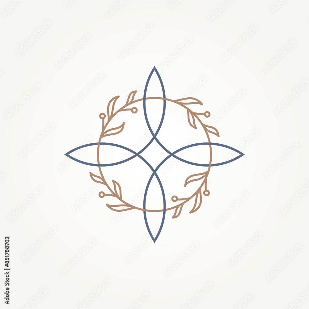 minimalist witch's knot with leaves around line art icon logo vector illustration design. simple ...