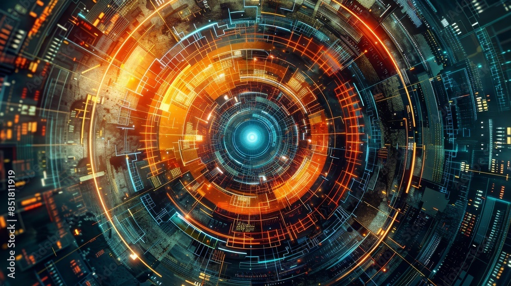 Futuristic digital technology interface circular pattern with vibrant ...