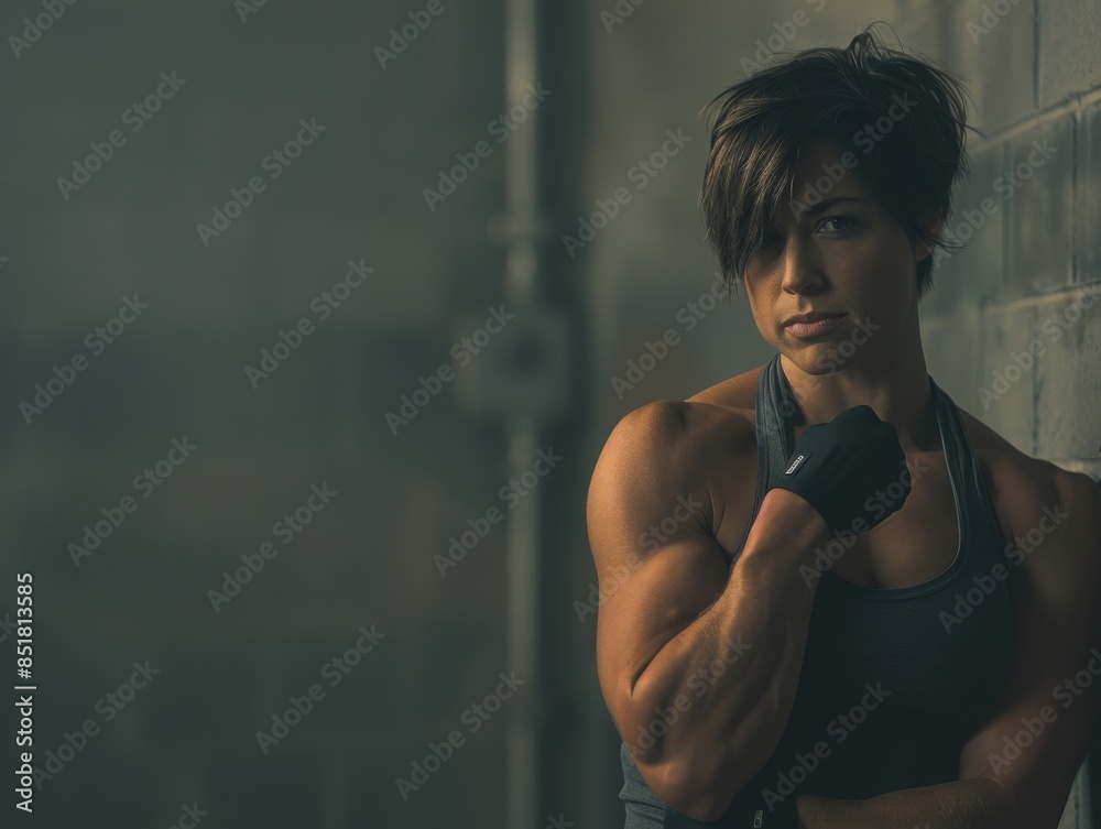 Medium shot of Muscular woman bodybuilder showing off the muscles in ...