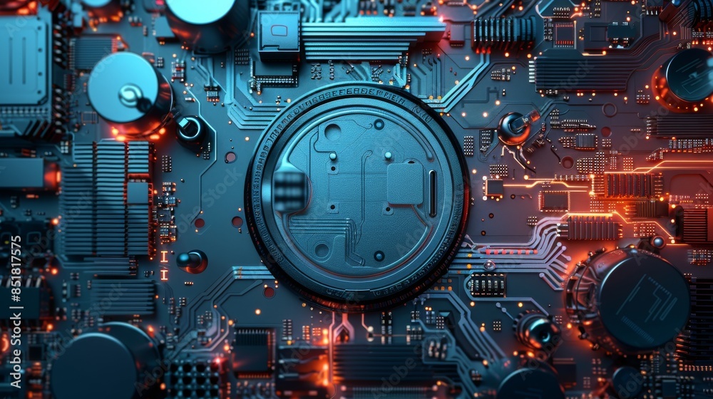 High-tech electronic circuit board with glowing lights, showcasing ...