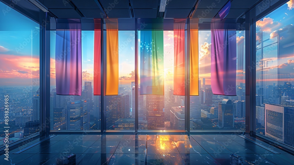 Inclusive Workplace: Modern Office with City View and LGBT Pride Flags ...