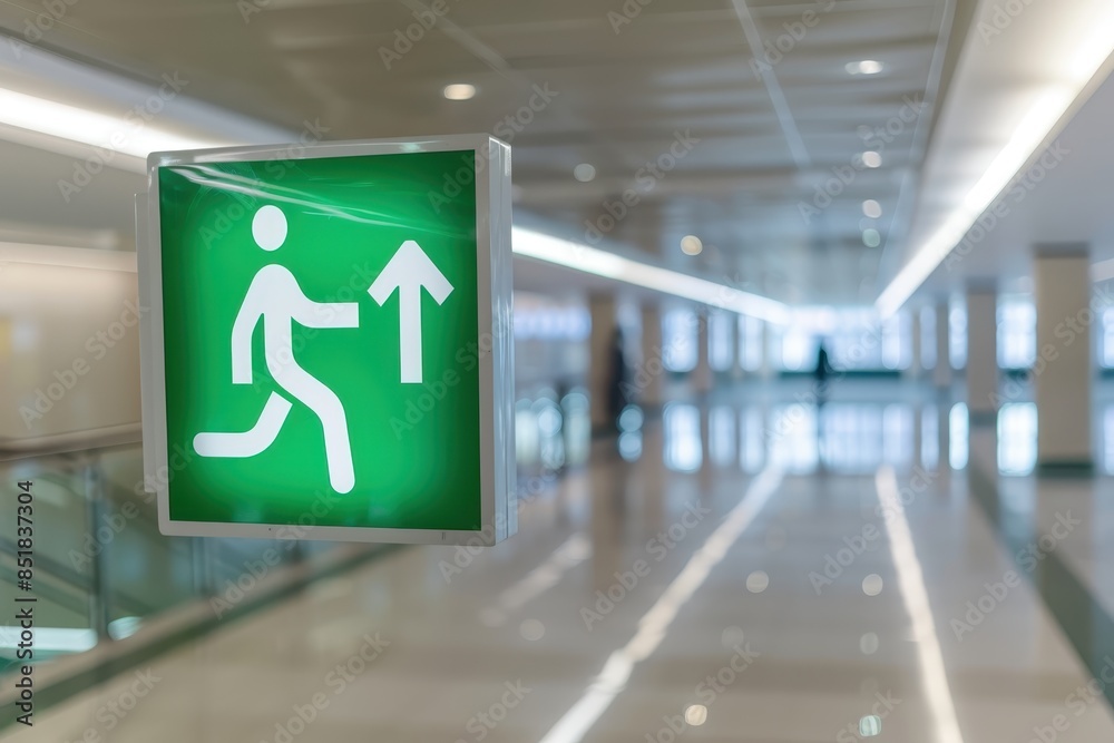 A green exit sign in a modern building corridor, showing the direction ...