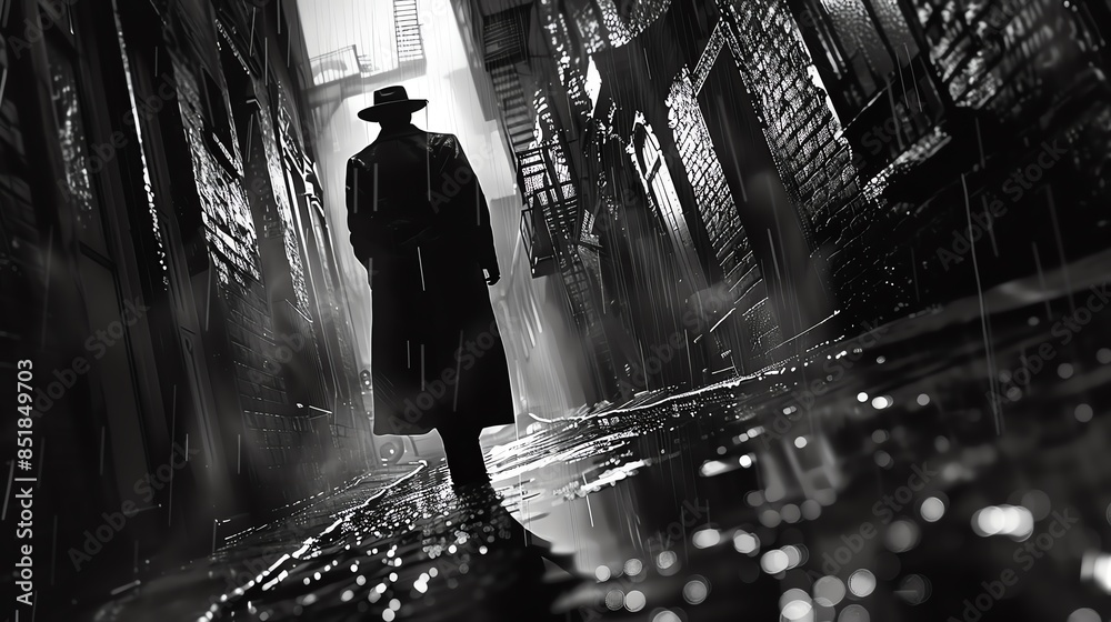 Produce an eye-level angle illustration in a film noir-inspired style ...