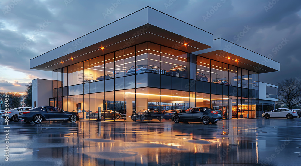 A modern car showroom exterior with cars parked in front. The building ...