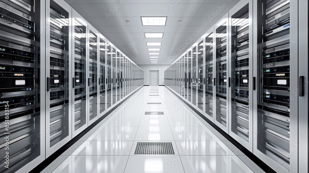 A modern data center with rows of server racks. The corridor is lit ...