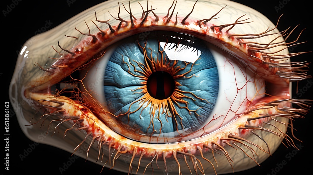 Anatomy of the human eye showing the retina, lens, and optic nerve ...