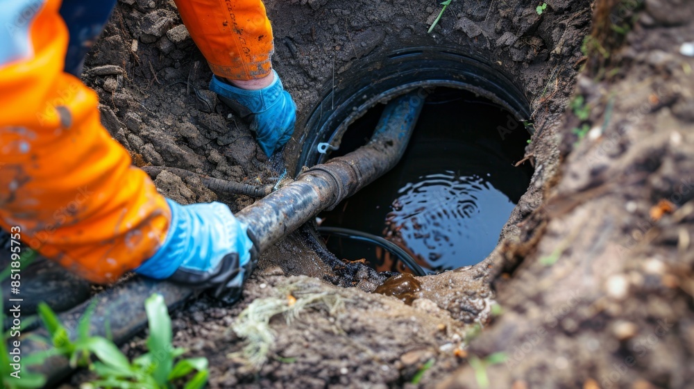 pumping out sewage from a cesspool with a pumping hose. A service ...
