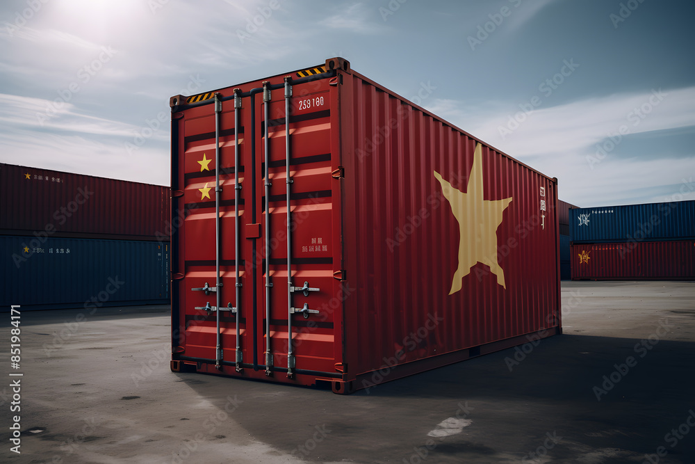 China trade war. Container Chinese flags with industrial crane containers in a cargo freight ...