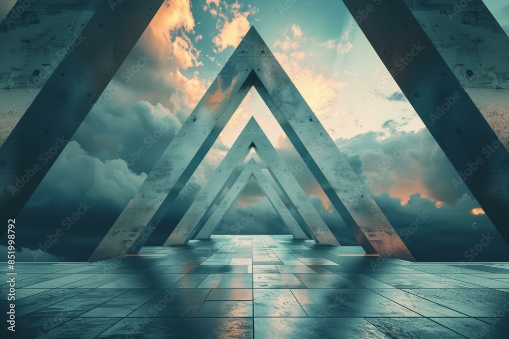 Symmetrical digital art featuring a series of triangular, concrete-like ...