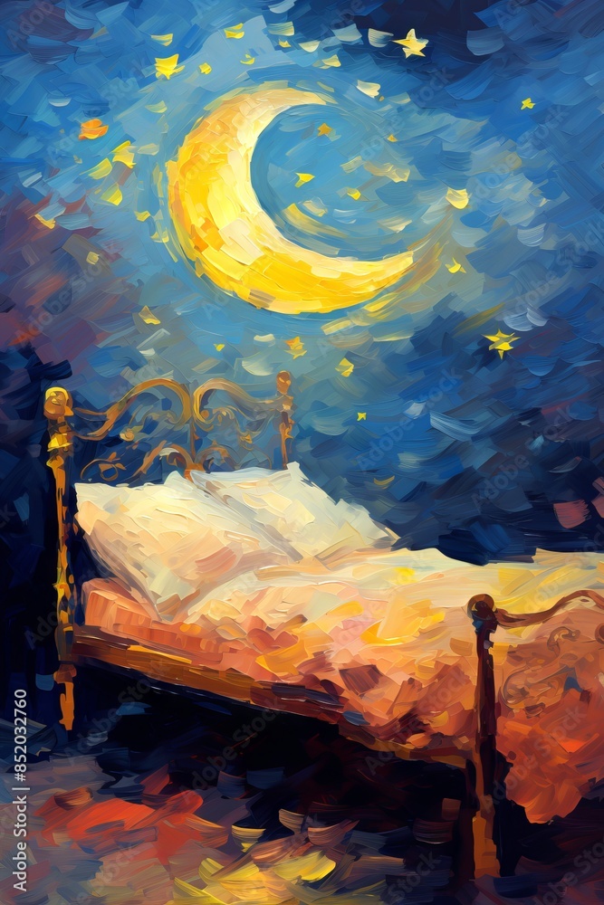 Dreamlike scene with a bed under the moon. Concept of dreams, night ...