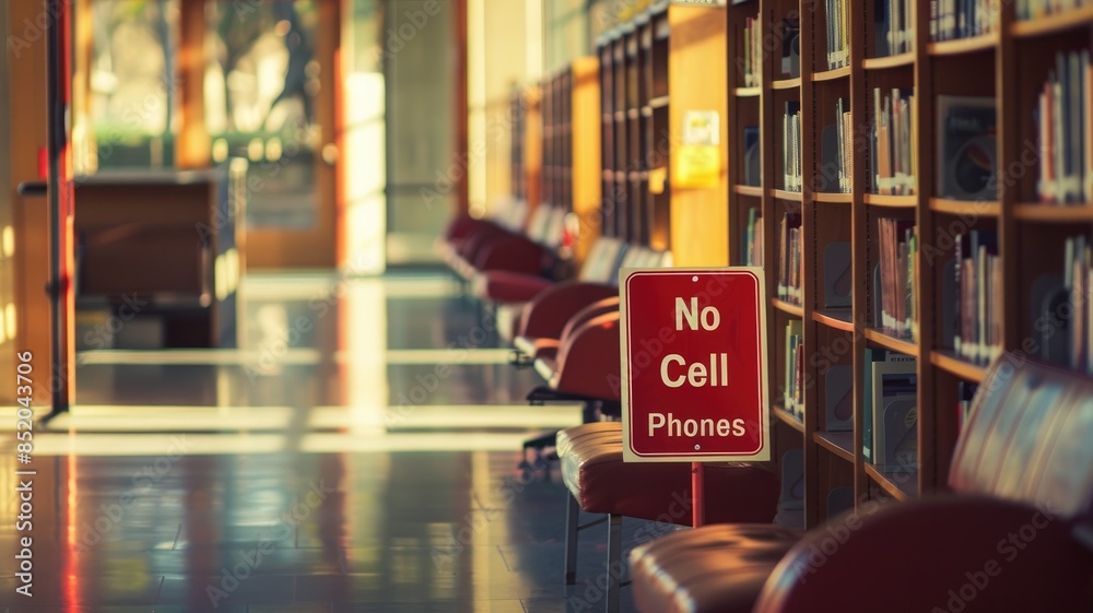 Quiet library interior with "No Cell Phones" sign, bookshelves, and ...