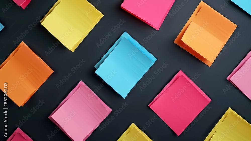 Colorful sticky notes and blank note paper on black background top view ...