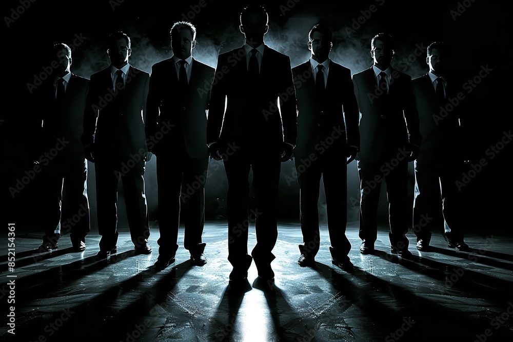 A group of men wearing dark suits stand in a dimly lit room with their ...