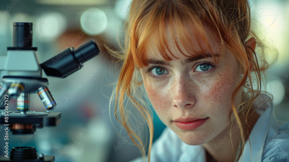 Group of college students performing experiment using microscope in science lab. University ...