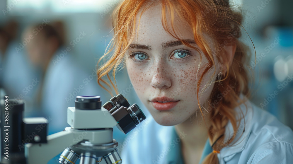 Group of college students performing experiment using microscope in science lab. University ...