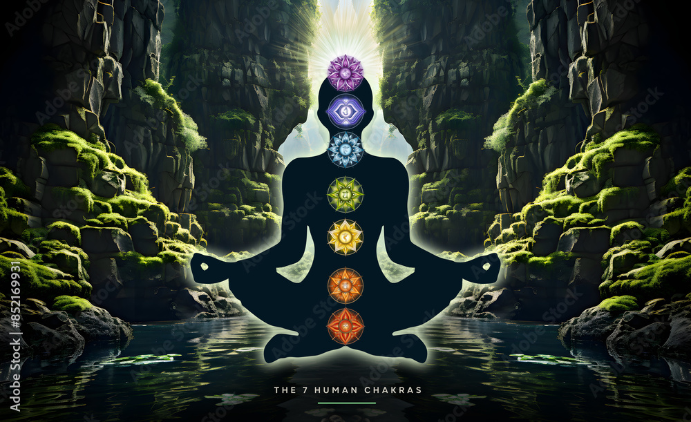 Human silhouette in yoga, lotus pose with 7 Chakras, mystical waterfall ...