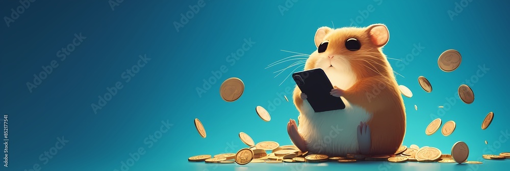 Cute little rich hamster holding mobile phone in paws on blue ...