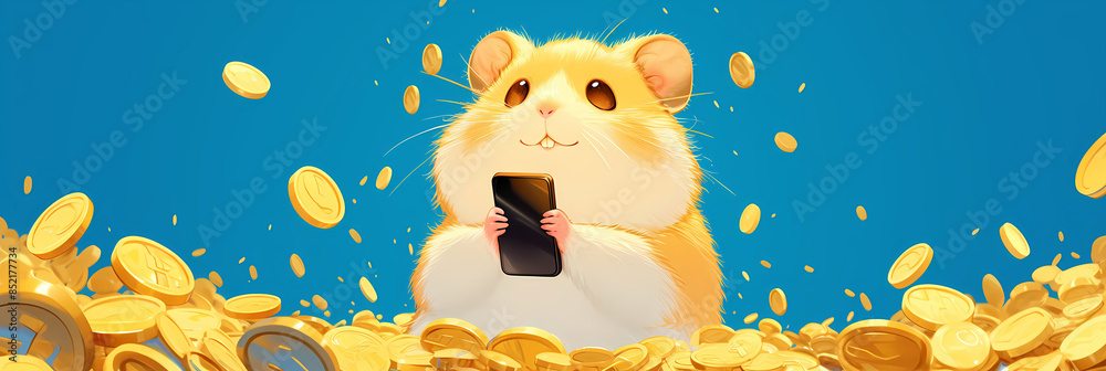 Cute little rich hamster holding mobile phone in paws on blue ...