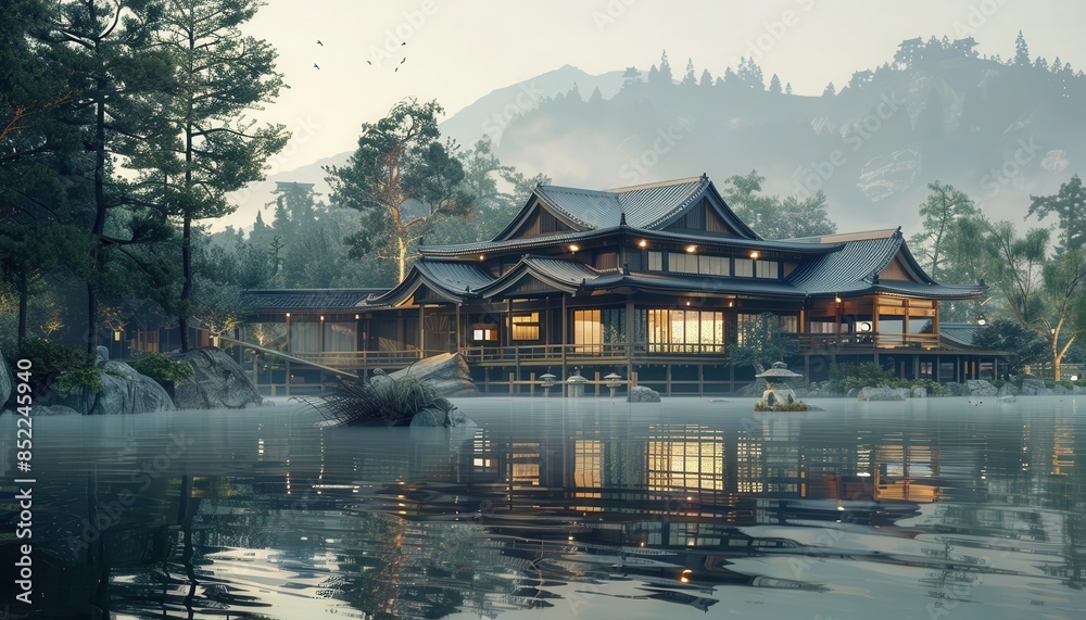 tranquil japanese lakeside resort with traditional architecture serene ...