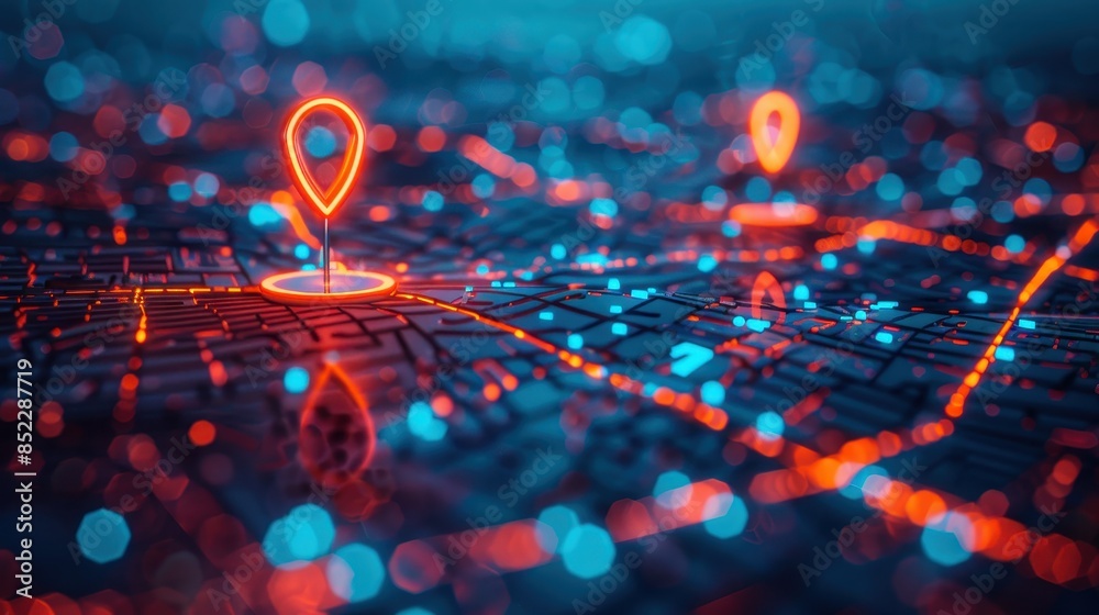 Neon City Map with Glowing Red Location Markers Stock Illustration ...