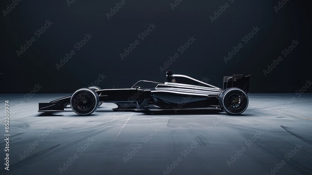 A sleek black racing car is showcased against a dark, moody backdrop ...