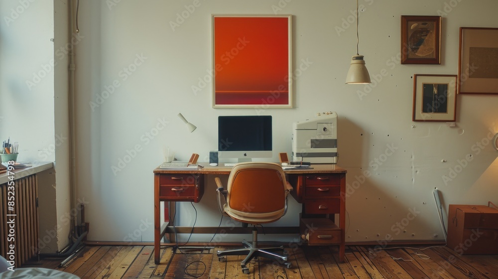 Background image of vintage office with wooden desk, chair, and ...