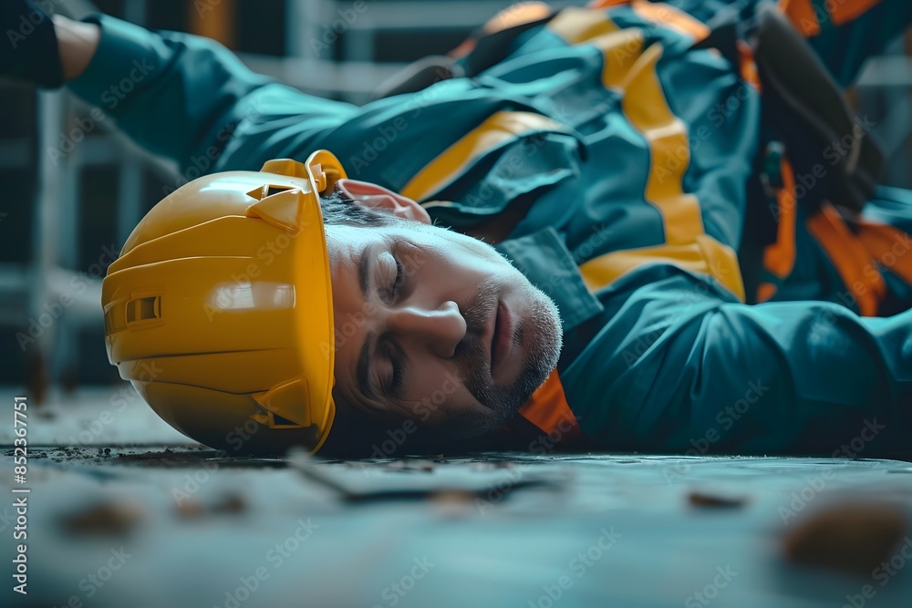 An unconscious man worker lying on the floor after a head injury. Work ...