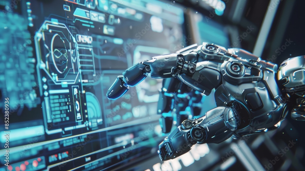 A close-up of a robotic metallic hand reaching out to touch a computer ...