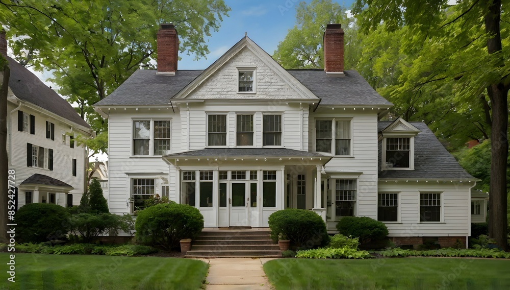 early 20th century white clapboard center entry colonial mansion with ...