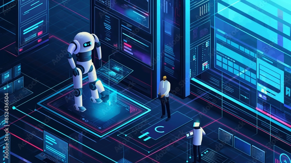 Isometric illustration of people working with a virtual AI robot and on a digital computer ...