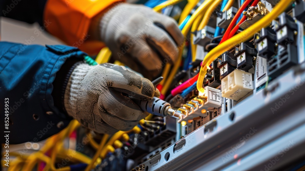 Engineer hand holding AC voltmeter checking electric current voltage at ...